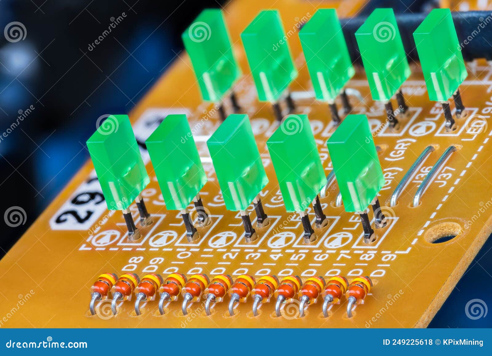 Green LED and Orange Semiconductor Diodes at PCB Detail on Dark Blur ...