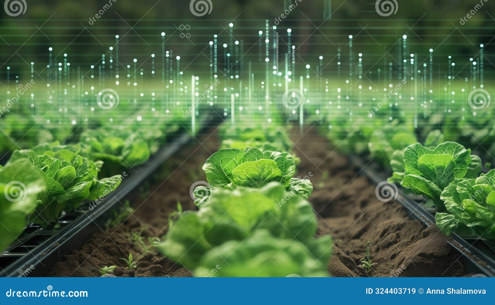 Green Lettuce Crops with Data Visualization Overlay, Precision Farming ...