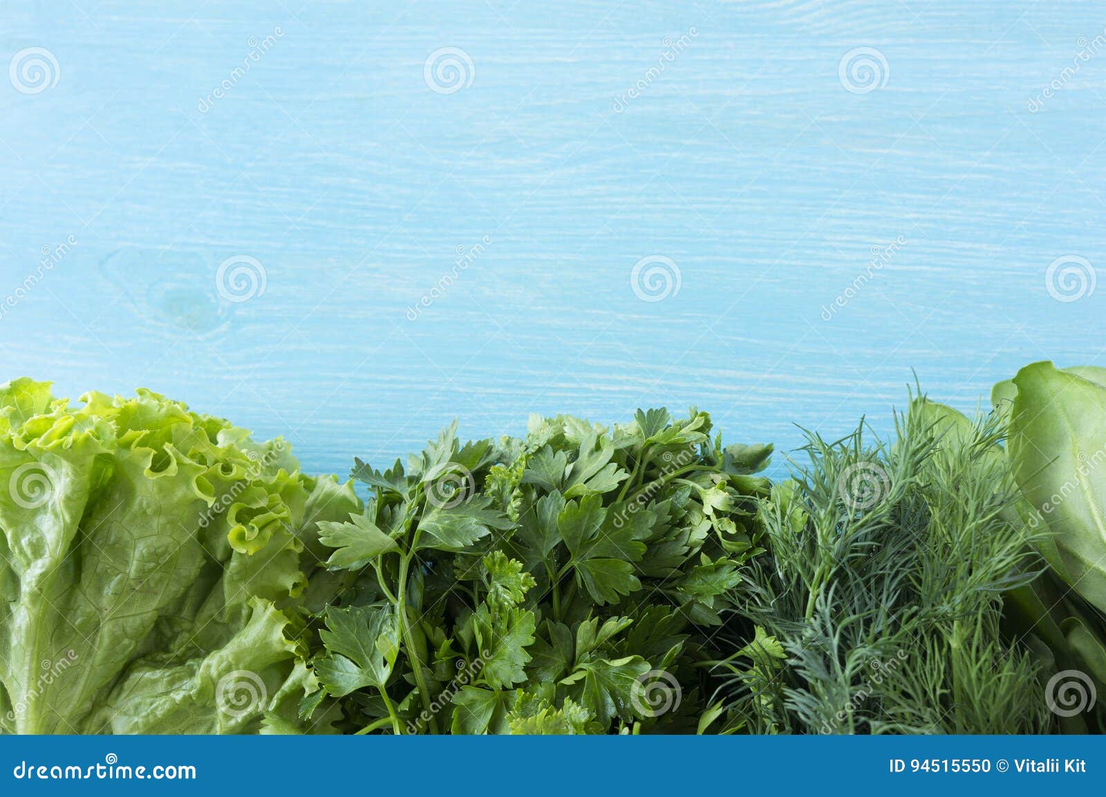 Green Lettuce and Herbs at Border of Image with Copy Space for Text ...