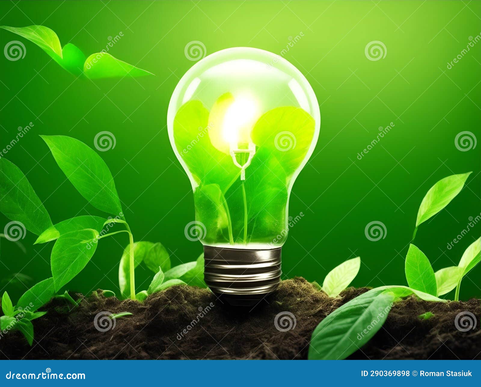 A Green Light Bulb on a Green Background. Green Energy. Renewable ...