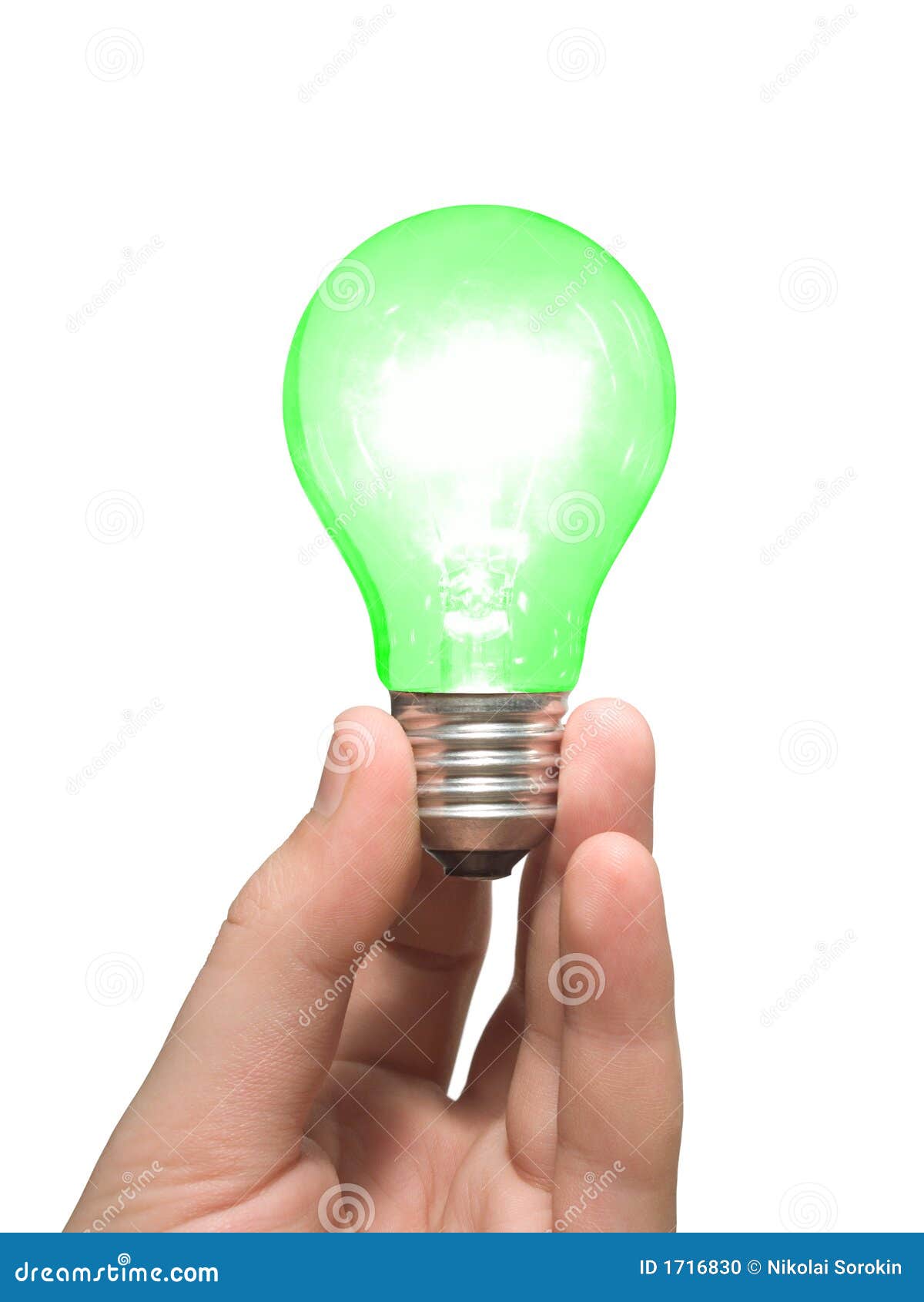 Green light bulb in hand stock photo. Image of invention - 1716830