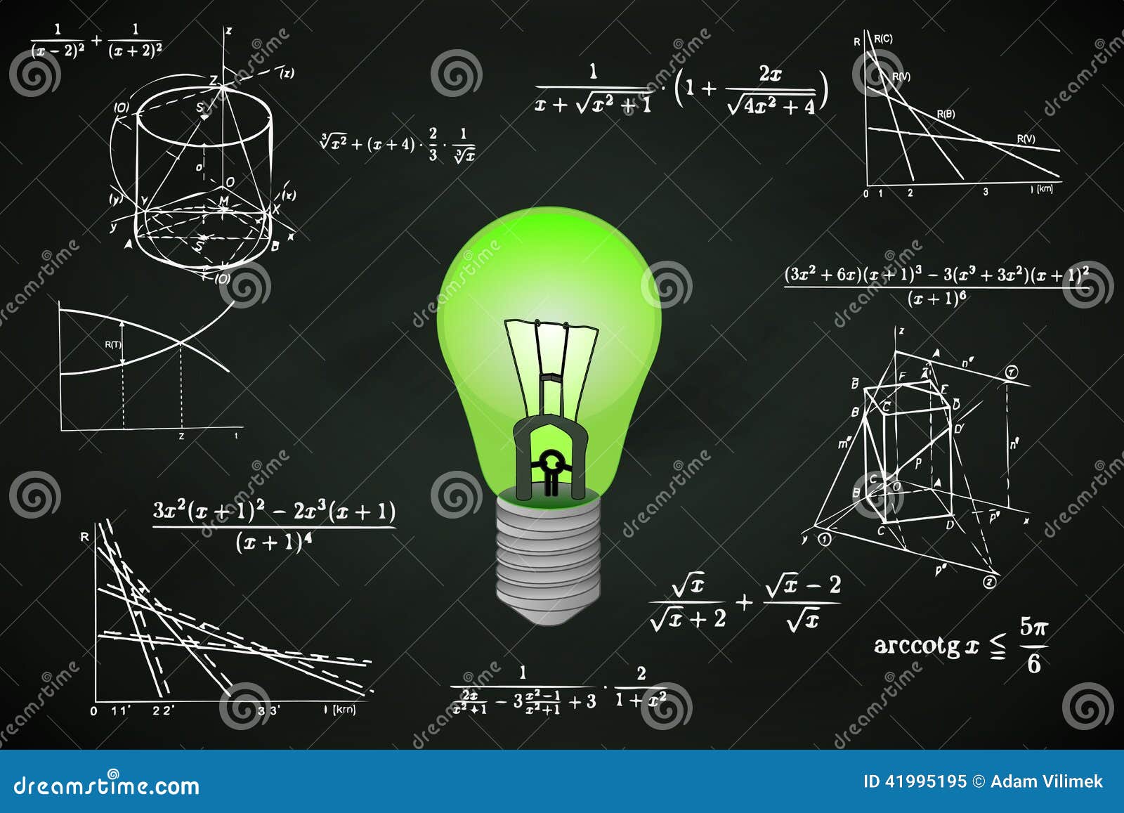 Green Lightbulb on Blackboard with Math Calculations Stock Illustration ...