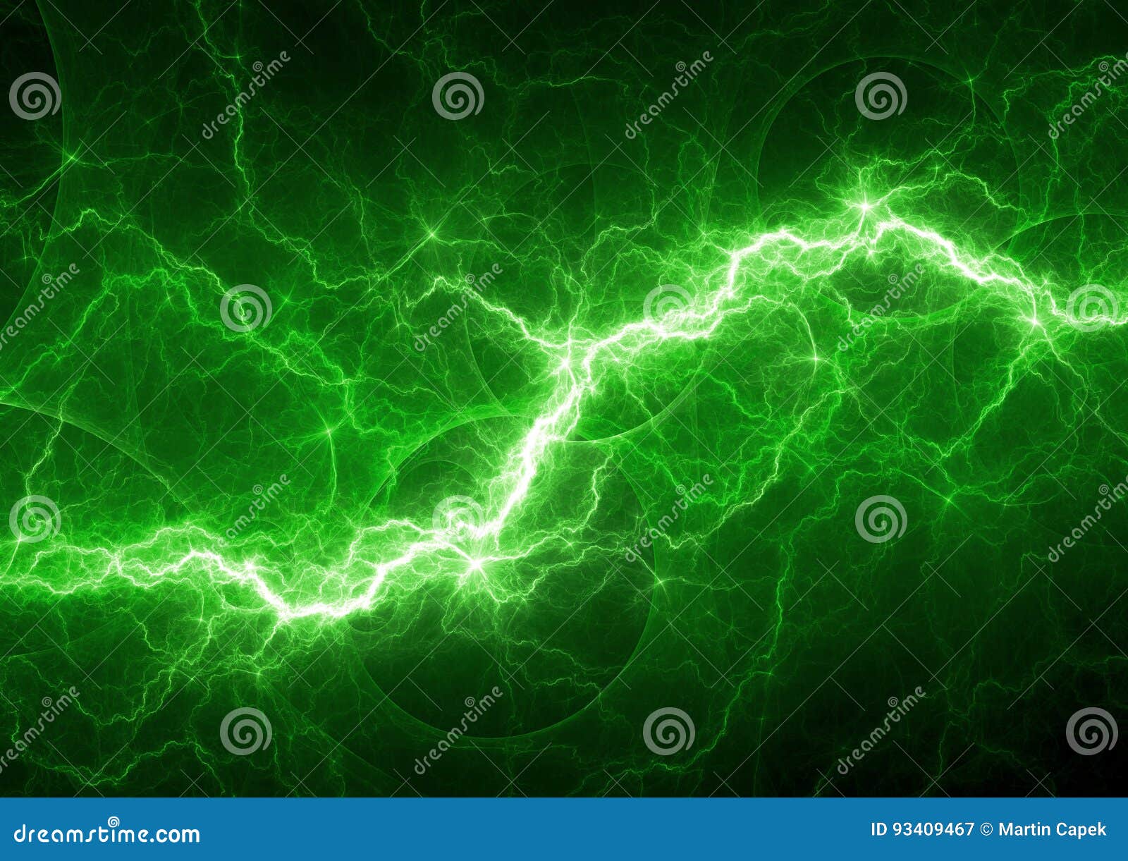 Green Lightning Bolts Electrical Current Moving Wildly Across A Black ...