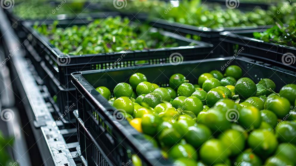 Green Lime Storage. Set of Raw Lime in Boxes. Top View. Stock Photo ...