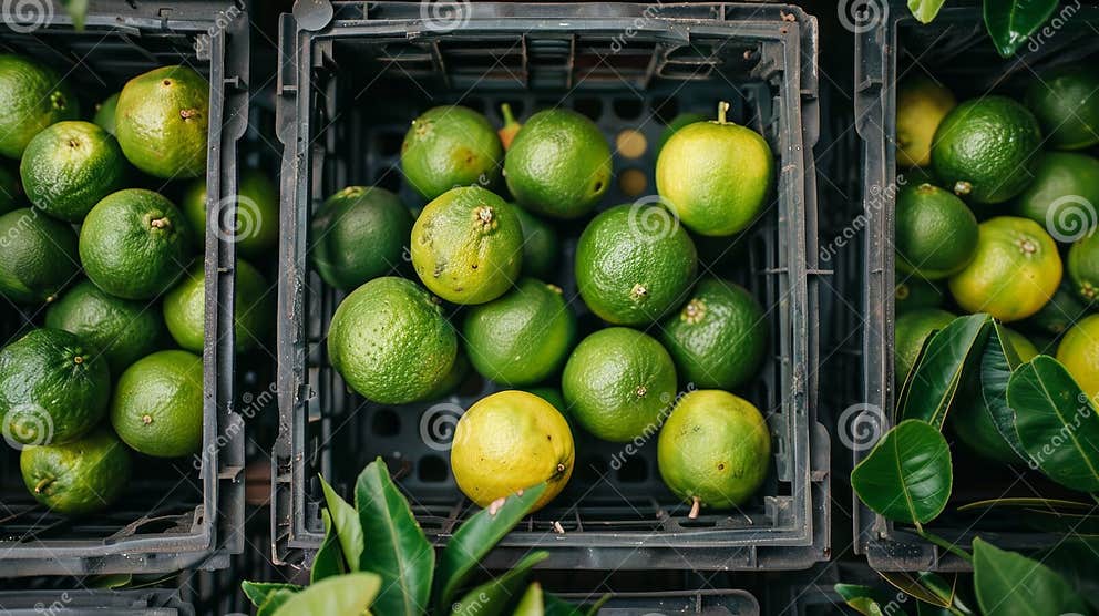 Green Lime Storage. Set of Raw Lime in Boxes. Top View. Stock Image ...