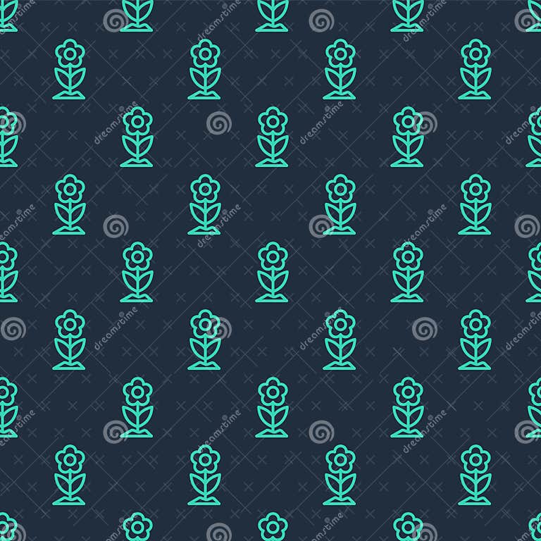 Green Line Flower Icon Isolated Seamless Pattern on Blue Background ...