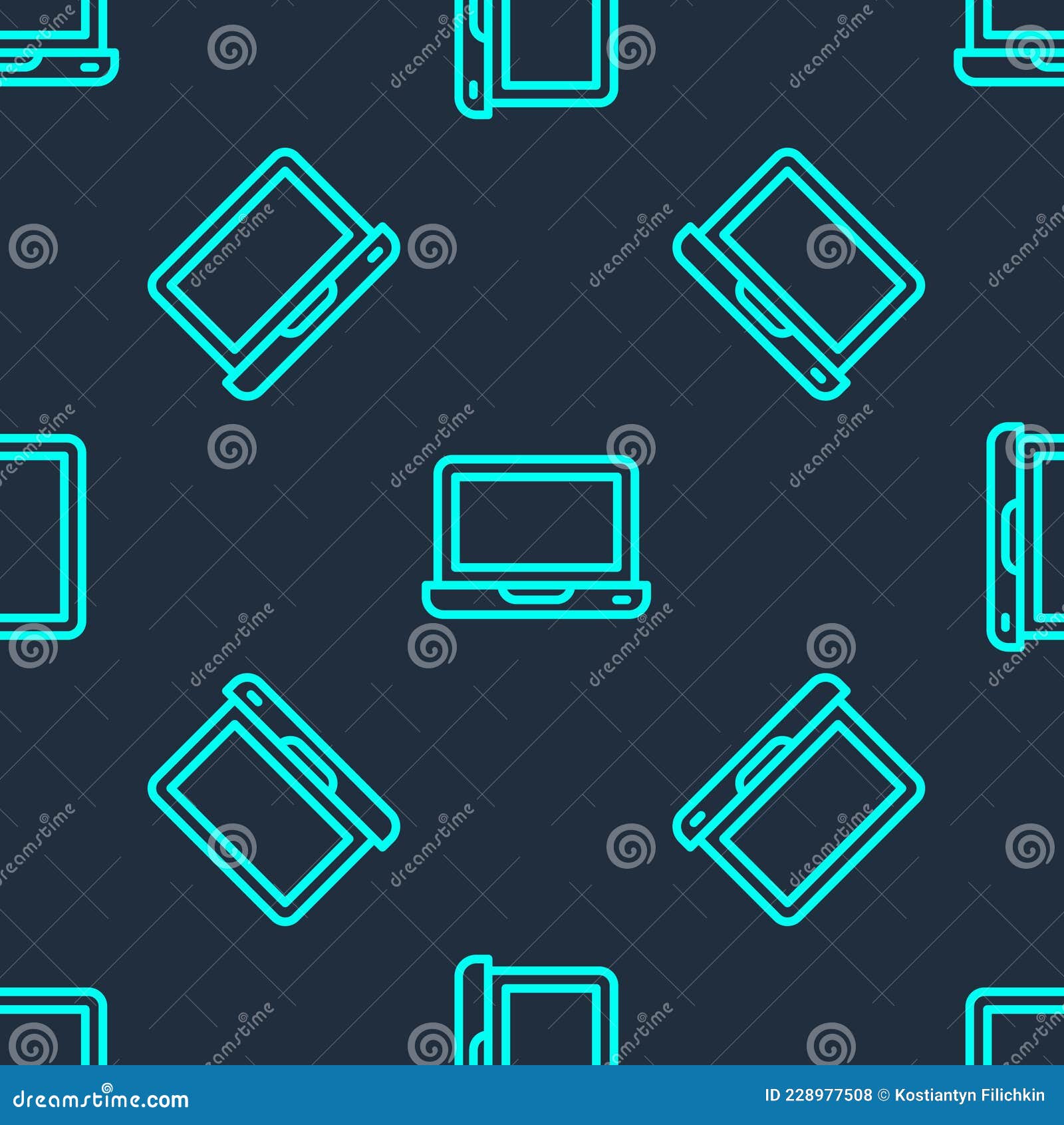 Green Line Laptop Icon Isolated Seamless Pattern on Blue Background ...
