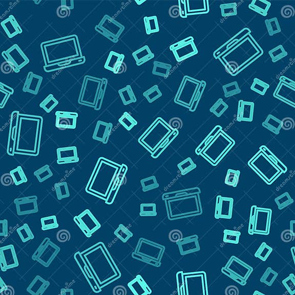 Green Line Laptop Icon Isolated Seamless Pattern on Blue Background ...