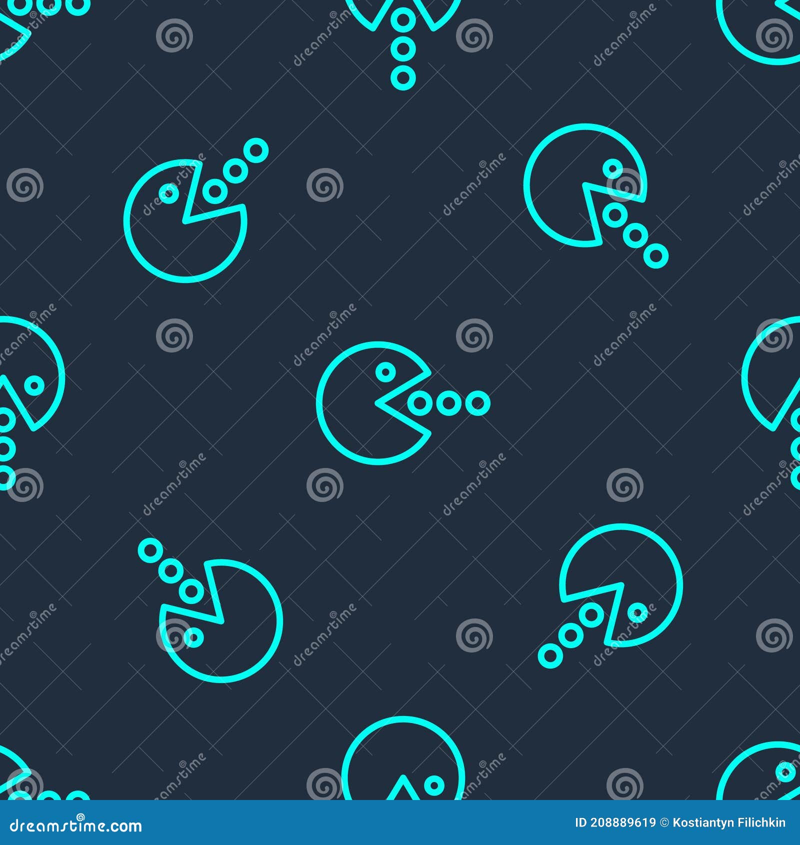 Green Line Pacman with Eat Icon Isolated Seamless Pattern on Blue ...