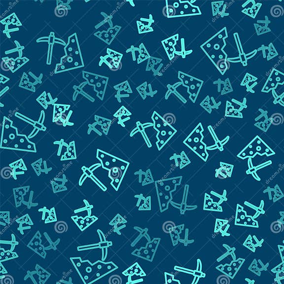 Green Line Pickaxe Icon Isolated Seamless Pattern on Blue Background ...
