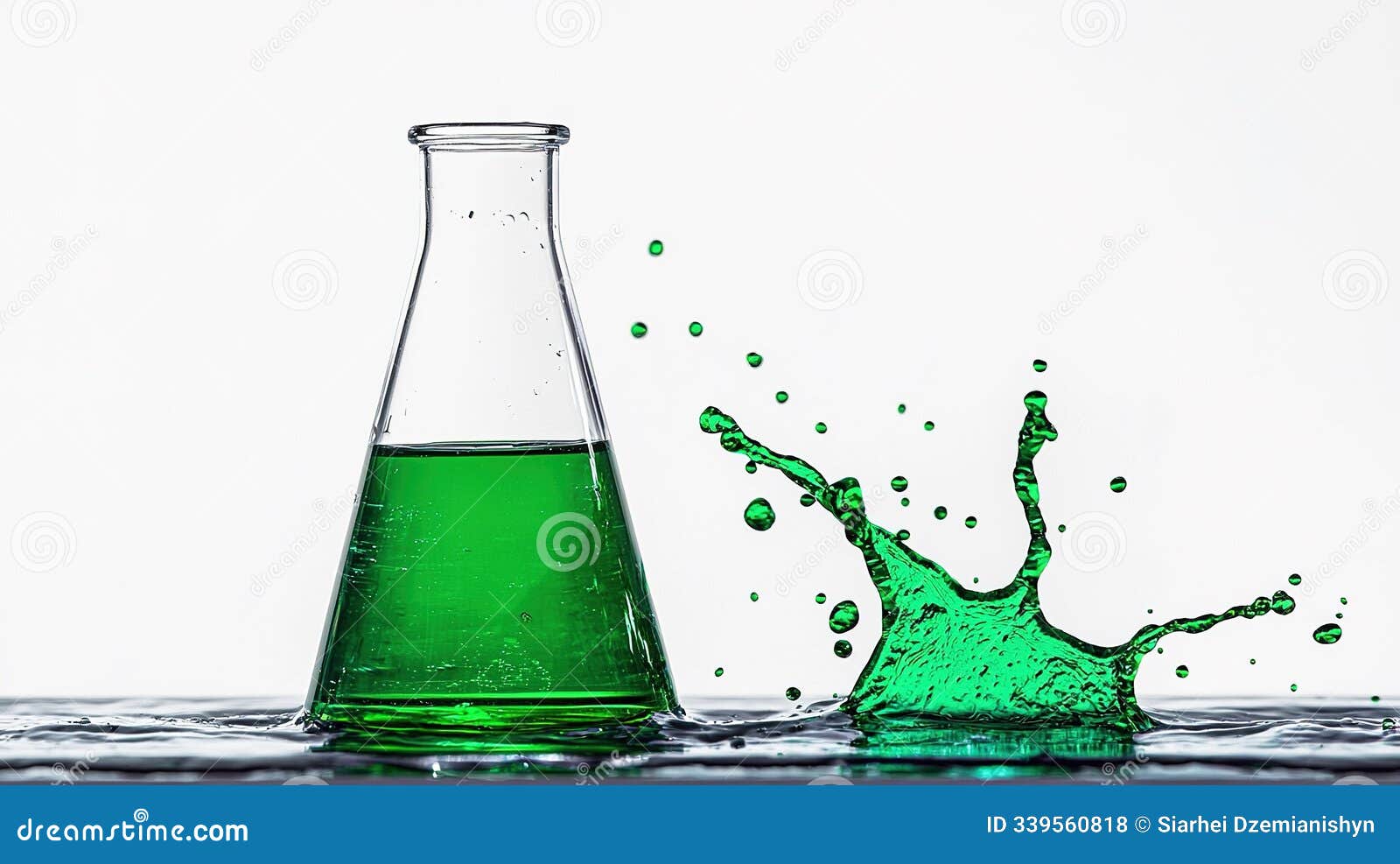 Green Liquid Splashes Out of a Laboratory Flask on a Clear Background ...