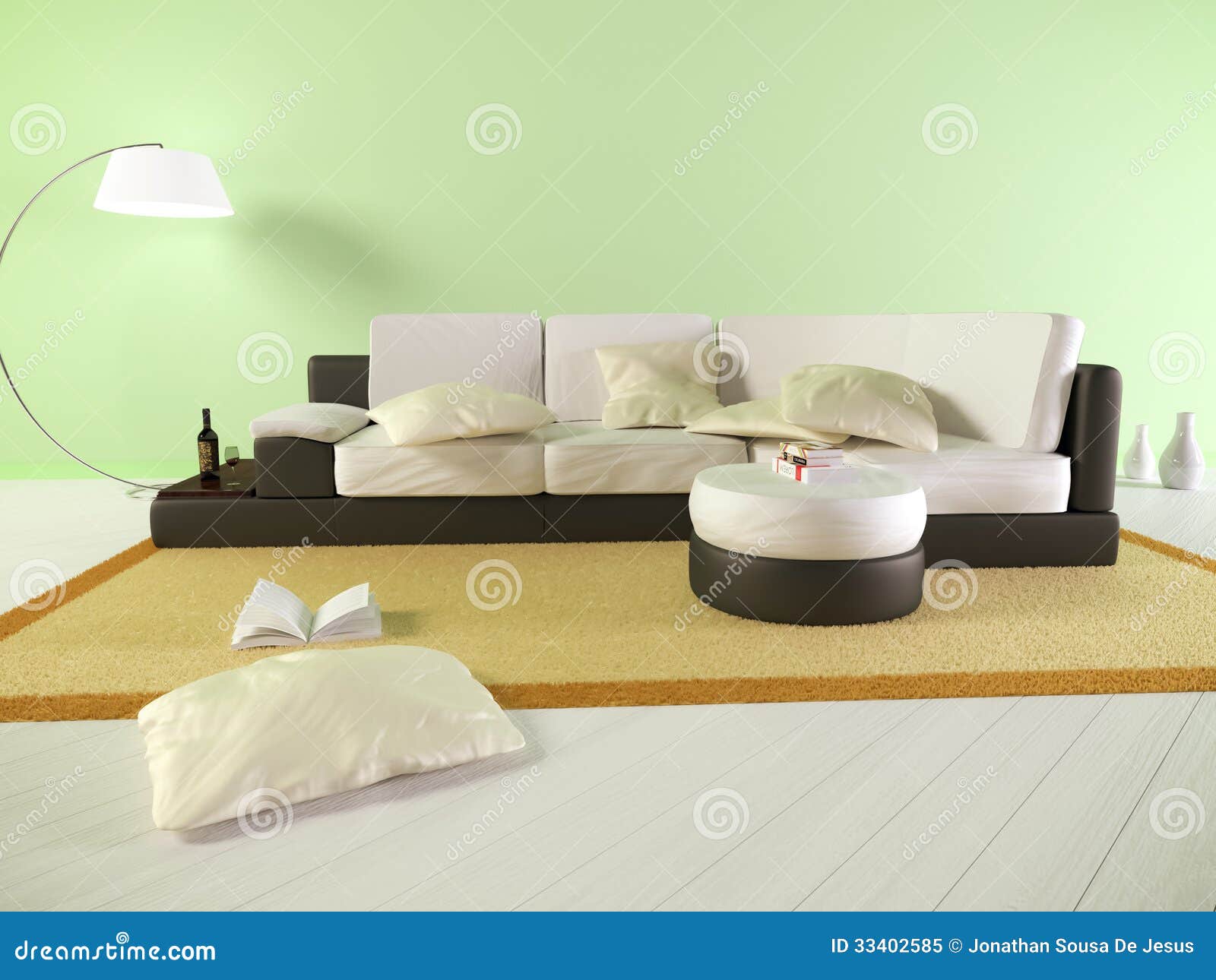 Green Living Room with Sofa and Books Stock Image - Image of pillow ...