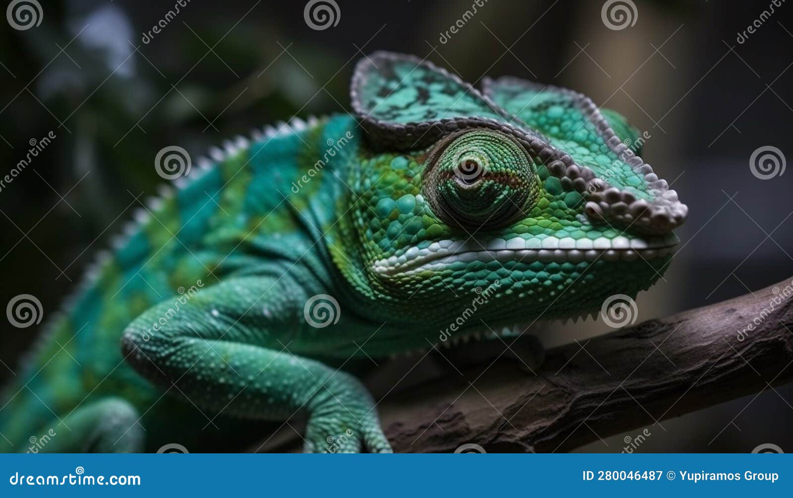 Green Lizard Perching on Branch, Tail Curled, Looking at Camera ...