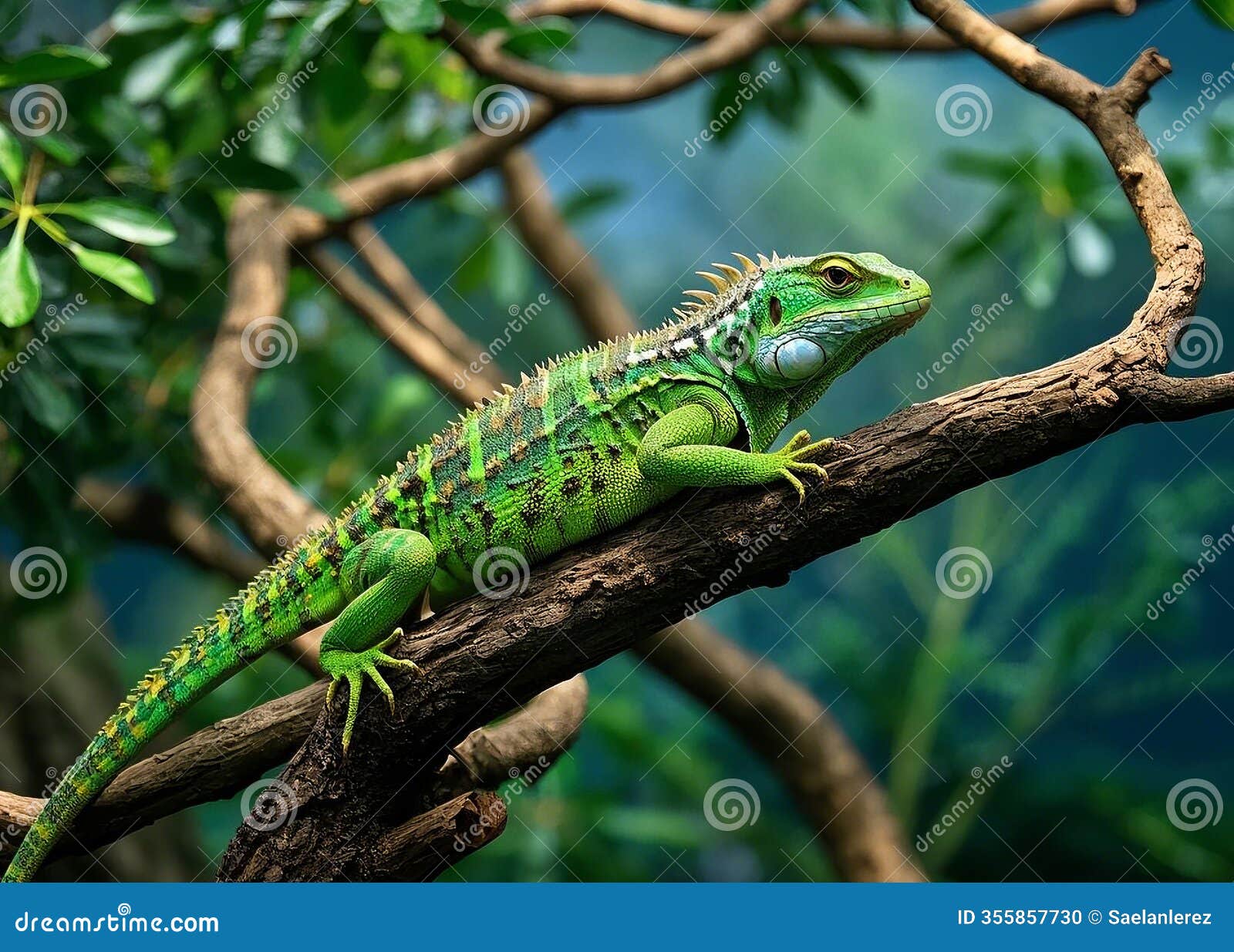 Green Lizard on a Tree in the Forest. Stock Photo - Image of outdoors ...