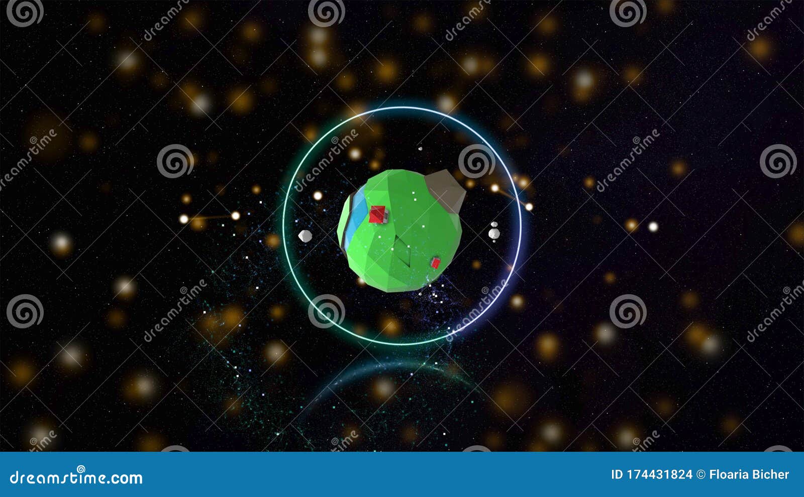 Green Low-poly Cartoon Planet with Light Ring Around, Floating through ...