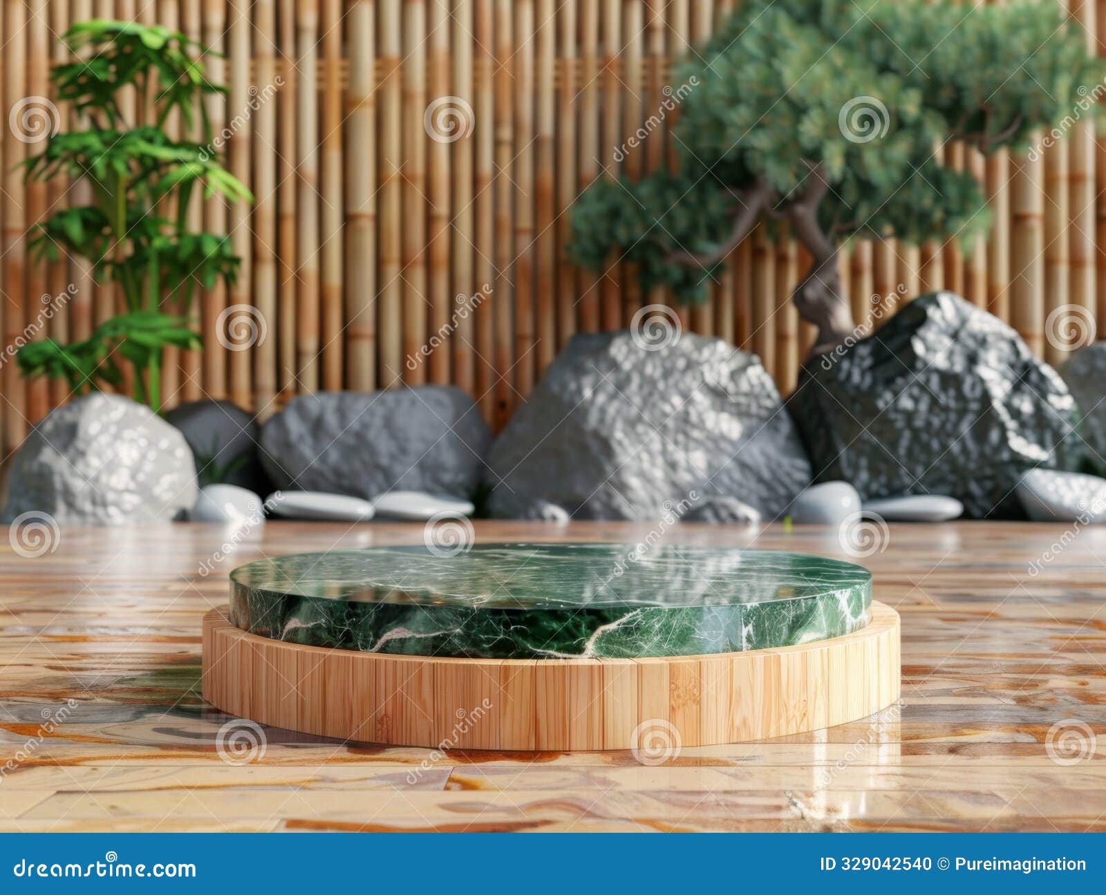 Green Marble And Bamboo Podium In Zen Garden Setting Stock Photography ...