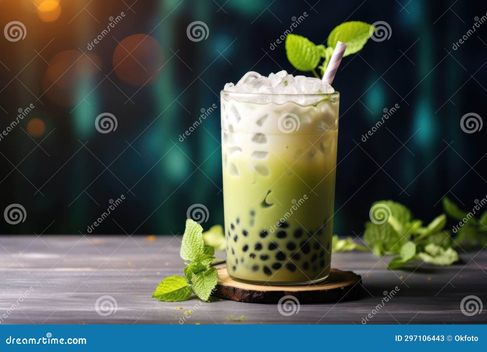 Green Matcha Bubble Tea Sian Tapioca Mint Drink. Stock Image - Image of ...