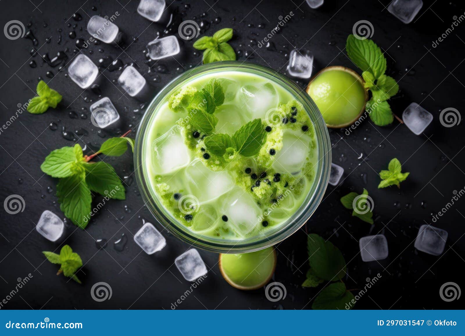Green Matcha Bubble Tea Thai Tapioca Mint Drink Top View Stock ...