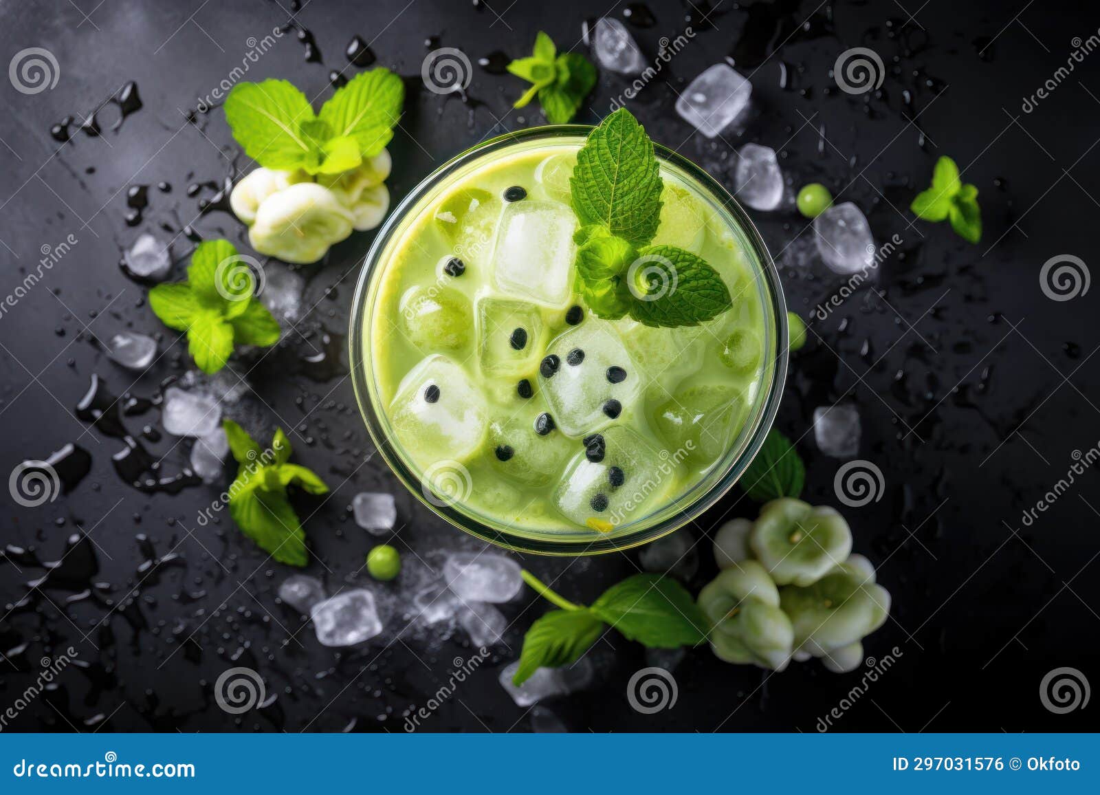 Green Matcha Bubble Tea Thai Tapioca Mint Drink Top View Stock ...