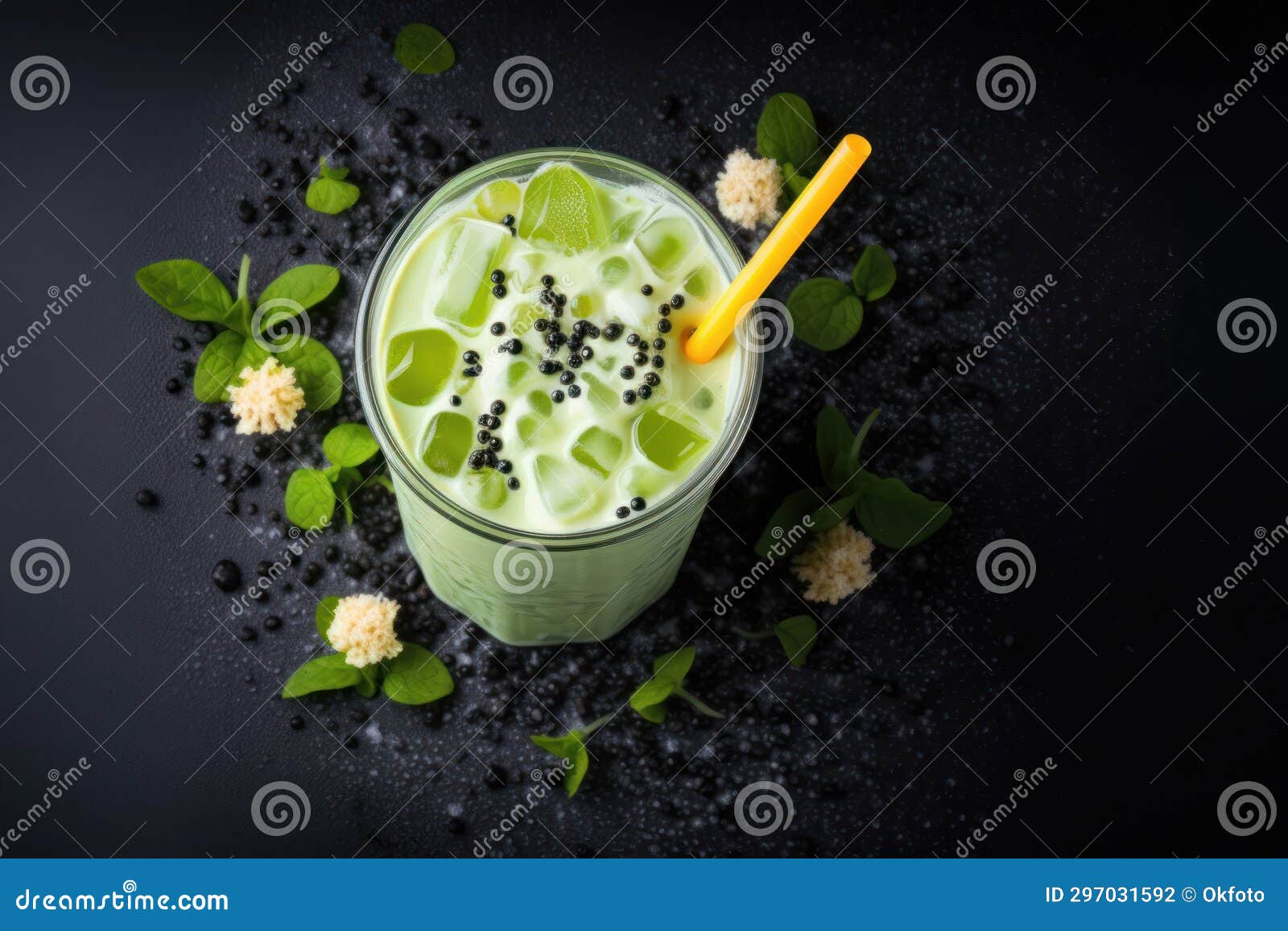 Green Matcha Bubble Tea Thai Tapioca Mint Drink Top View Stock ...