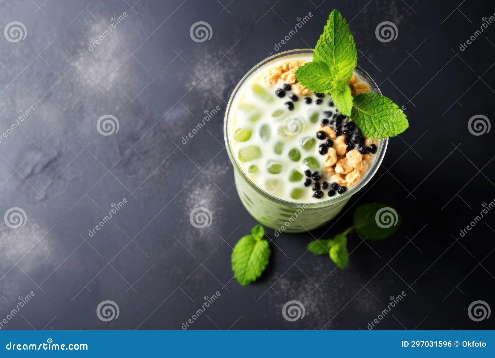 Green Matcha Bubble Tea Thai Tapioca Mint Drink Top View Stock ...