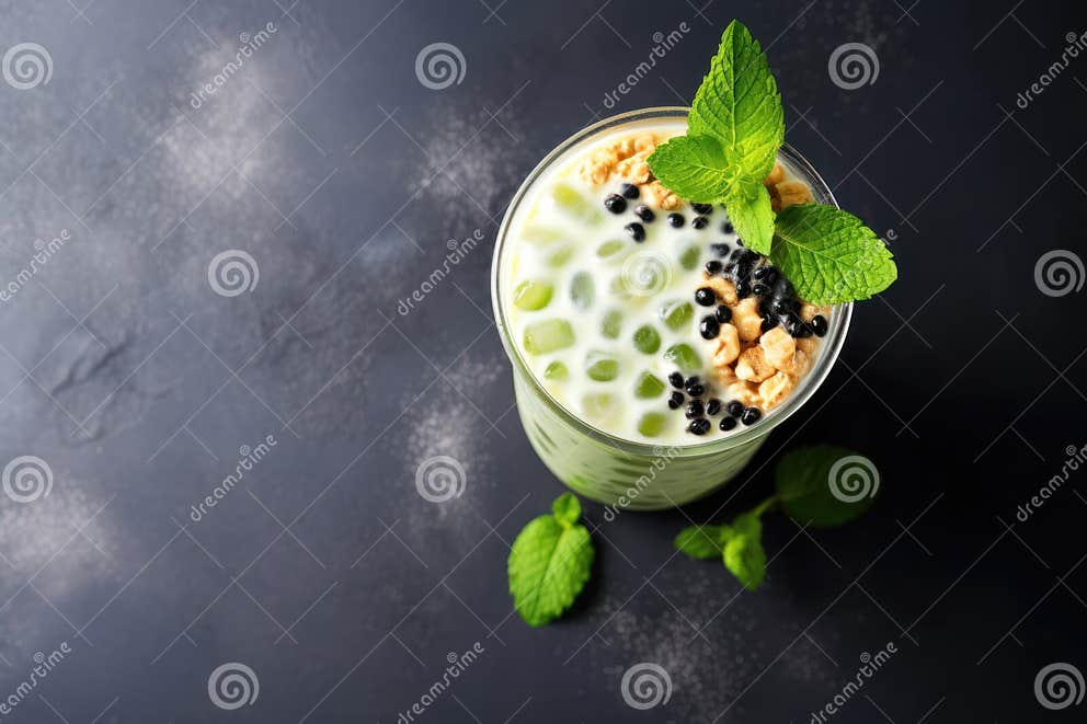 Green Matcha Bubble Tea Thai Tapioca Mint Drink Top View Stock ...