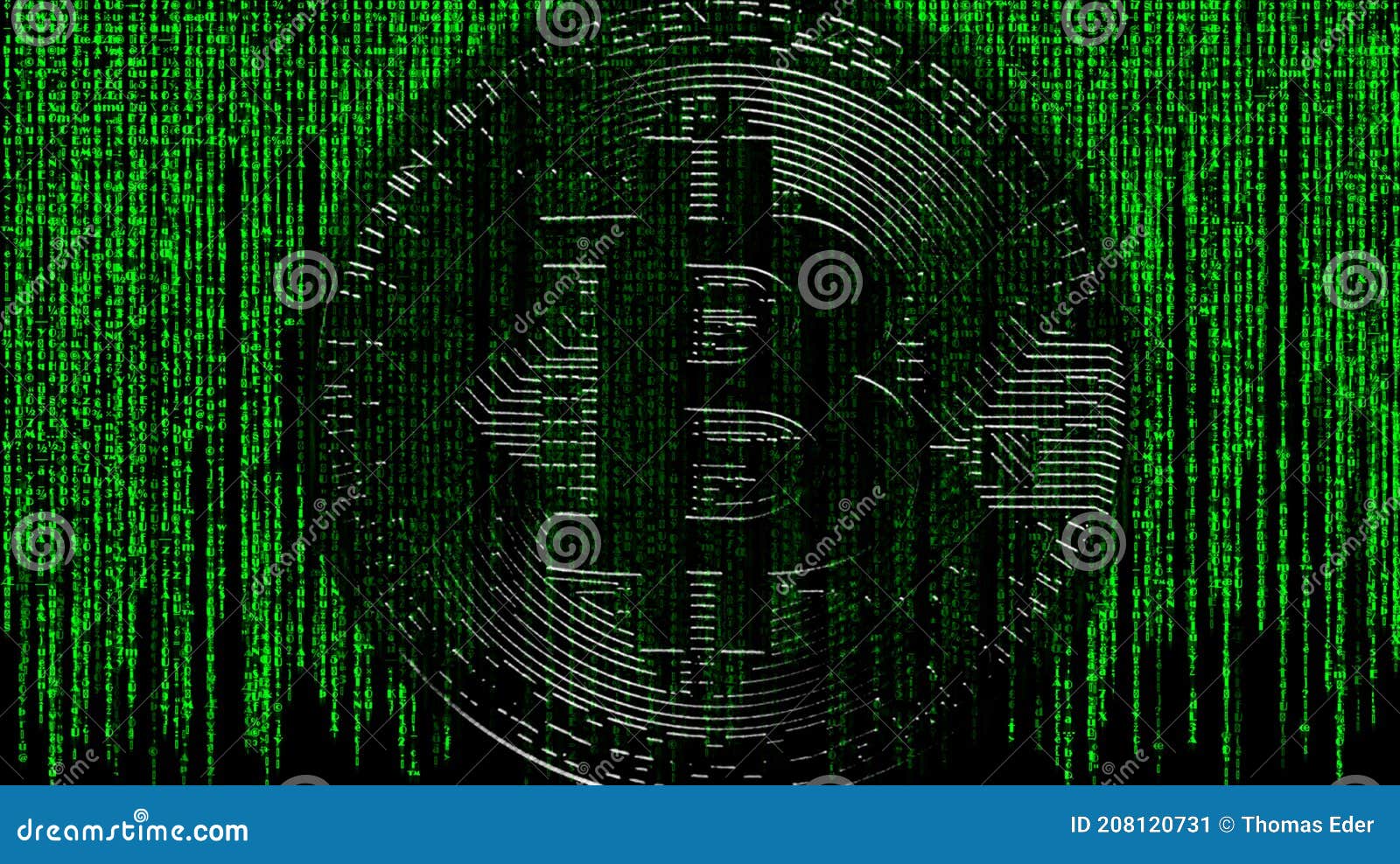 Green Matrix Background with a Transparent Large Bitcoin in the Middle ...