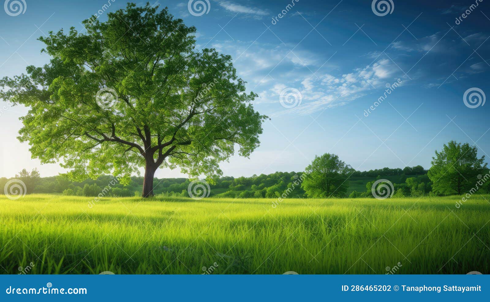 Green Meadow and Big Tree with Blue Sky. Stock Illustration ...