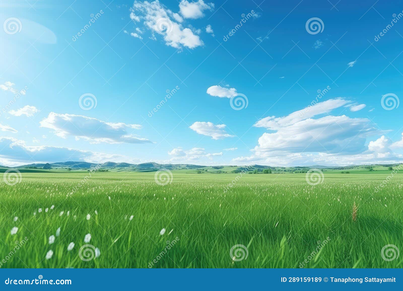 Green Meadow and Blue Sky with White Clouds Stock Illustration ...