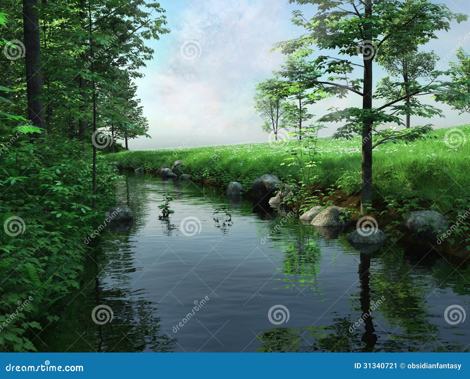 Green meadow and river stock illustration. Illustration of countryside ...