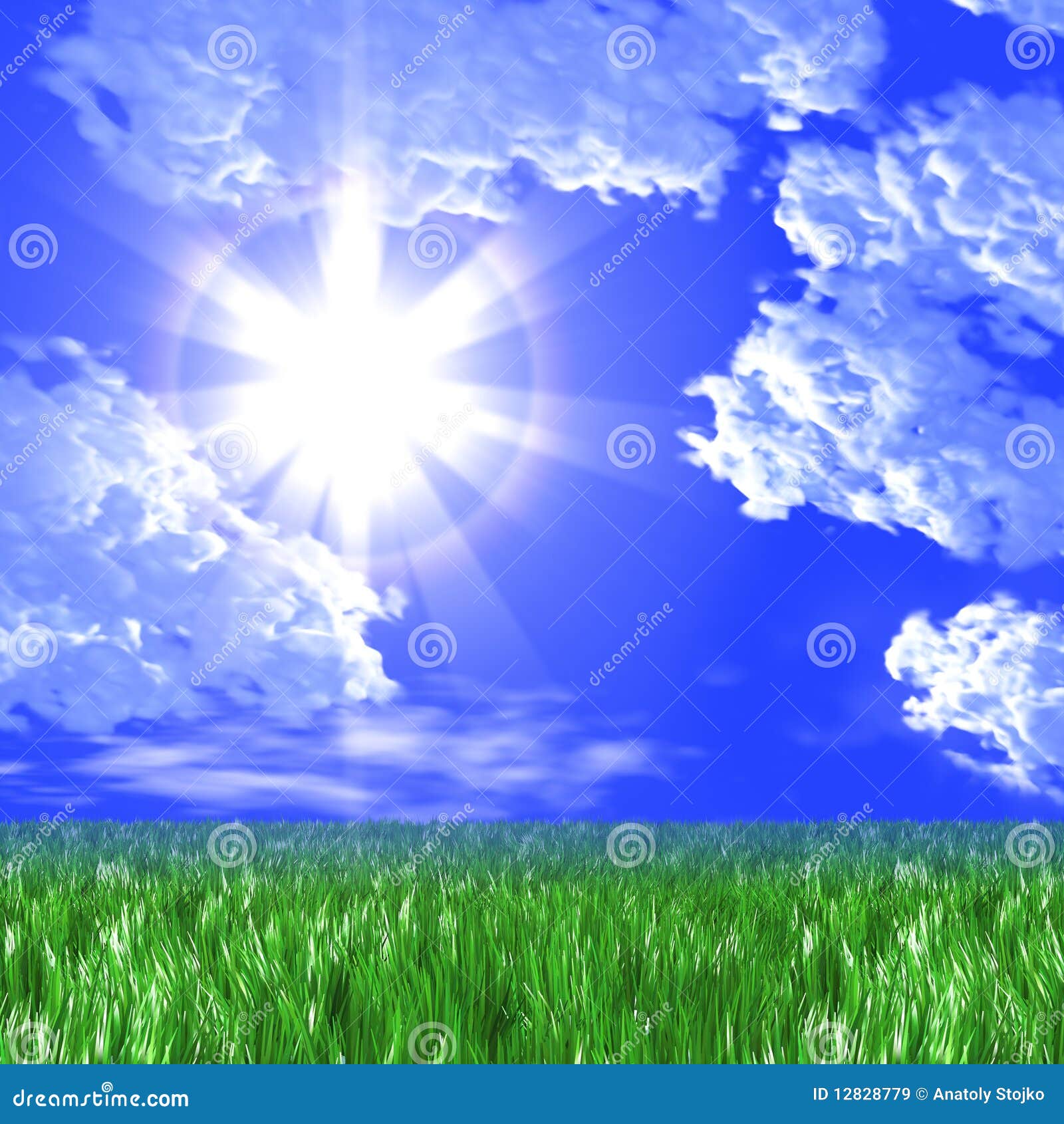 Green Meadow and the Sun in the Dark Blue Sky Stock Image - Image of ...