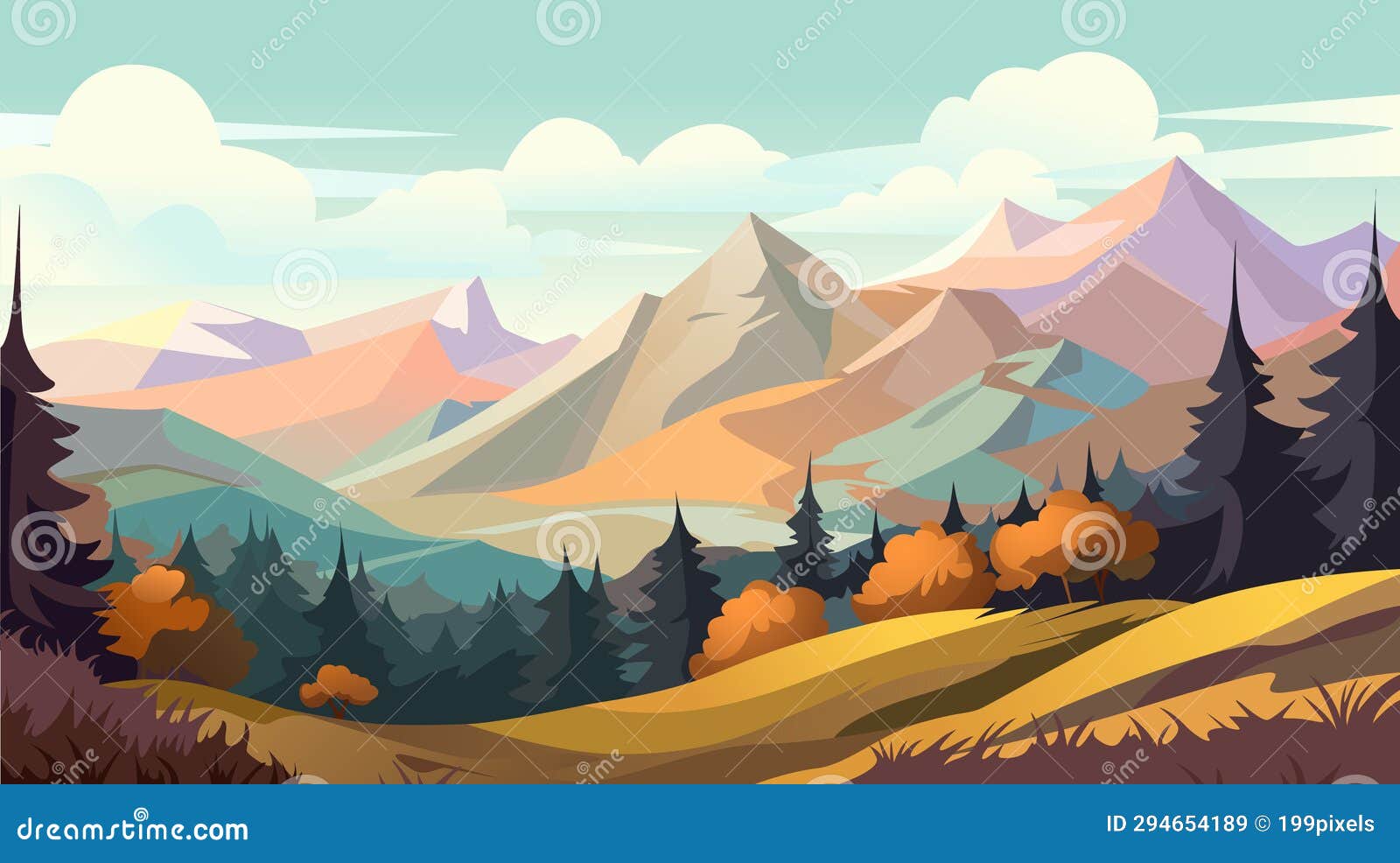 Green Meadows with Three Mountains in the Background Stock Illustration ...
