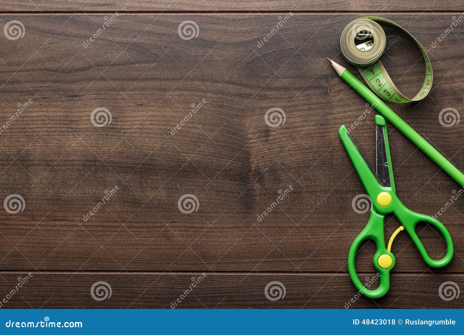 Green Measuring Tape, Scissors and Pencil Stock Photo - Image of office ...