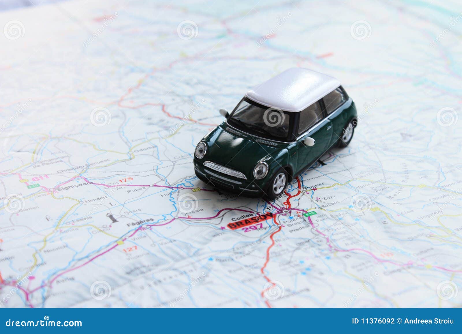 Green Miniature Car on Paper Map Stock Photo - Image of small, green ...