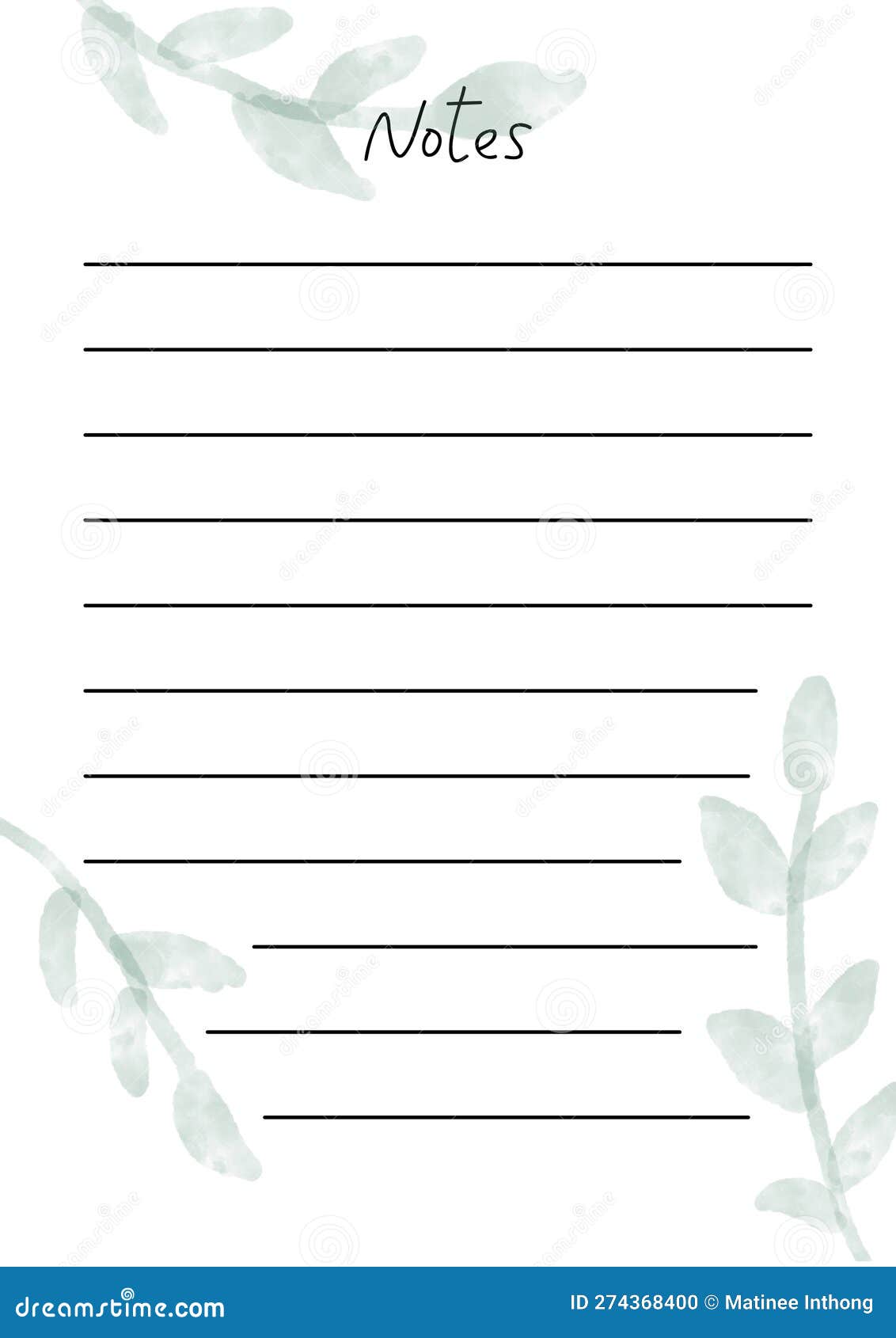 Green Minimalist Notes Paper Template Planner on Leaf Watercolor ...