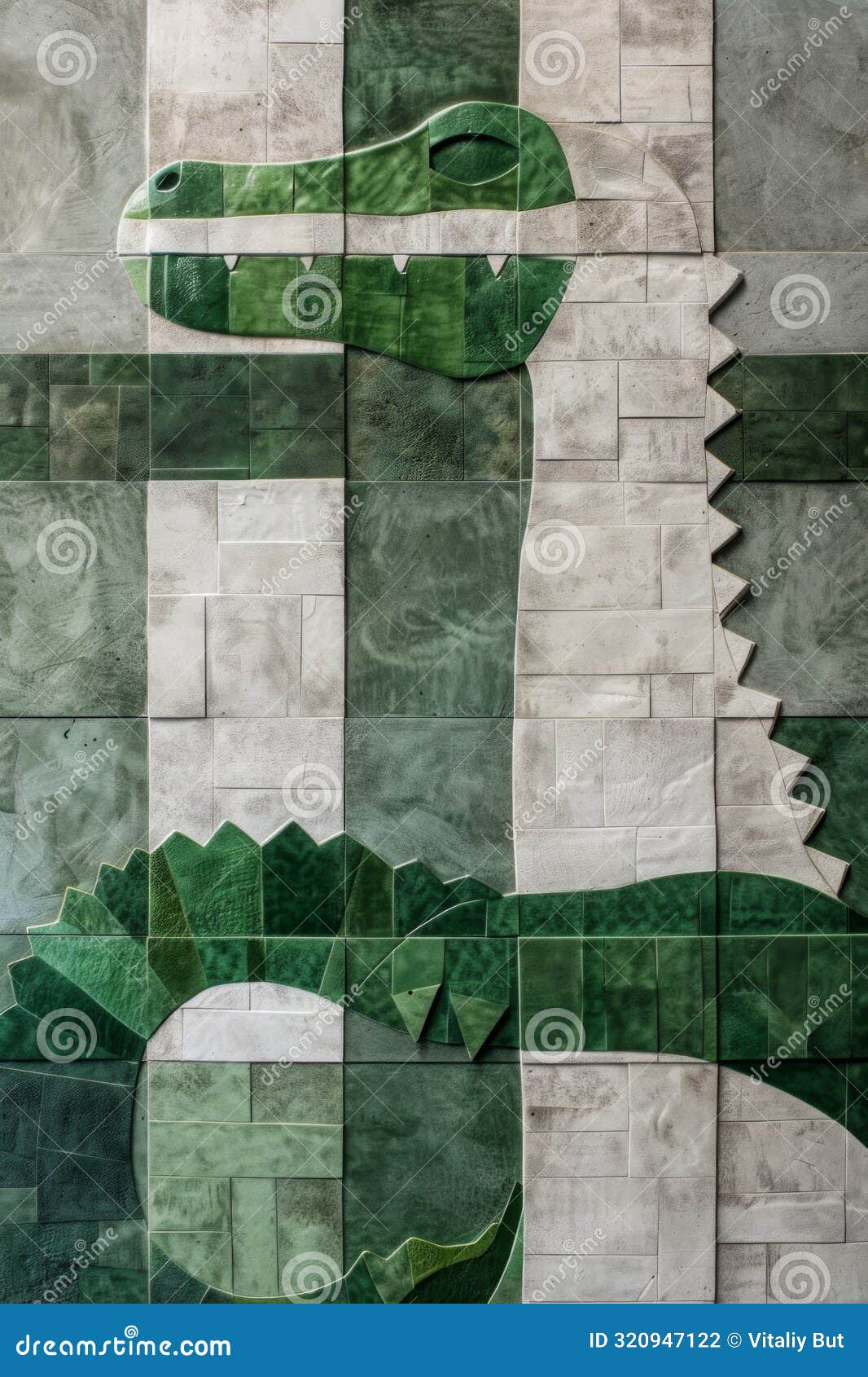 Green Mosaic Crocodile Design on a White and Grey Tiled Wall Stock ...