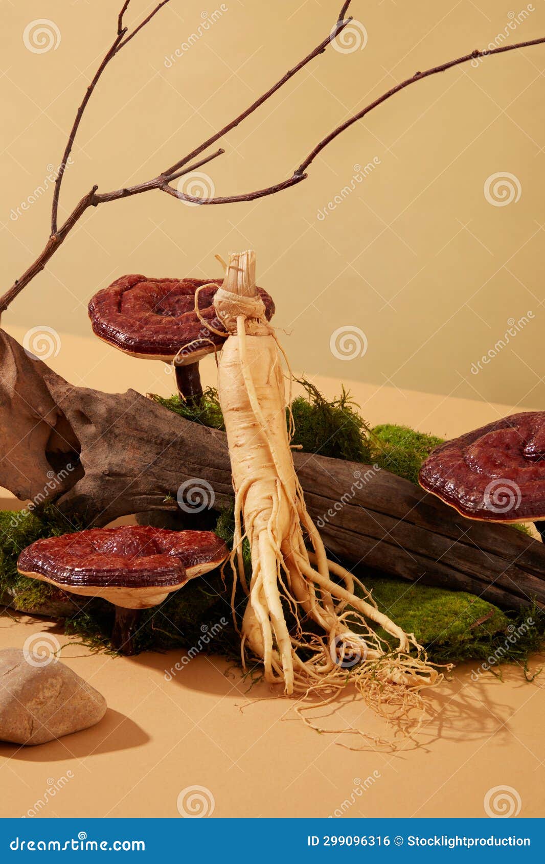 Green Moss is Covered on the Floor. Ganoderma Mushrooms and Ginseng ...