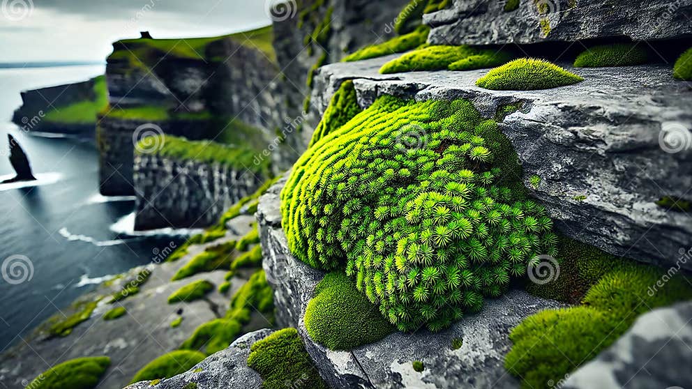 Green Moss Growing on the Rocky Surfaces of the Cliffs of Moher Stock ...