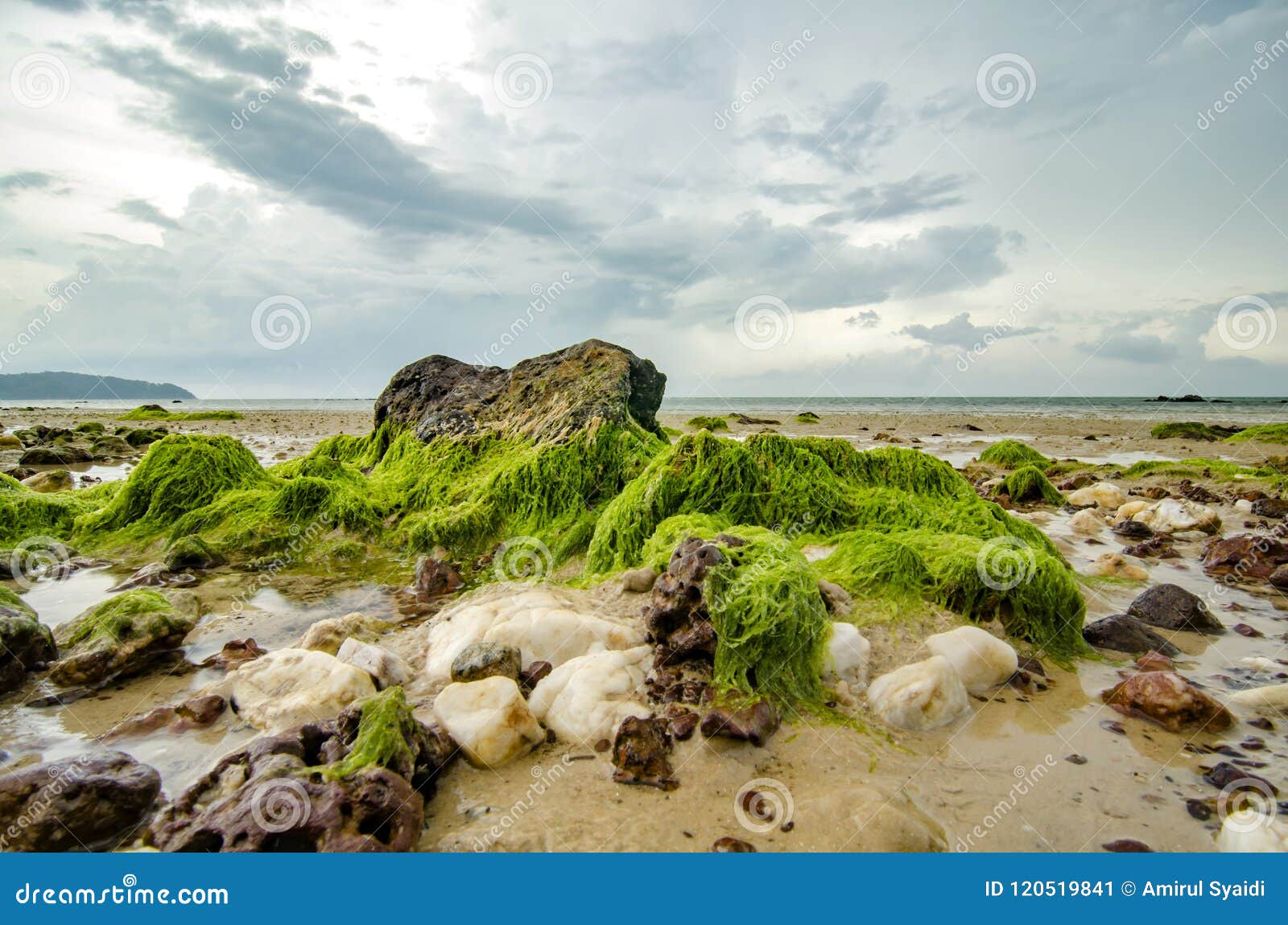 Green Mossy on Rock Hitting by Soft Waves Over Dark and Cloudy Sky ...