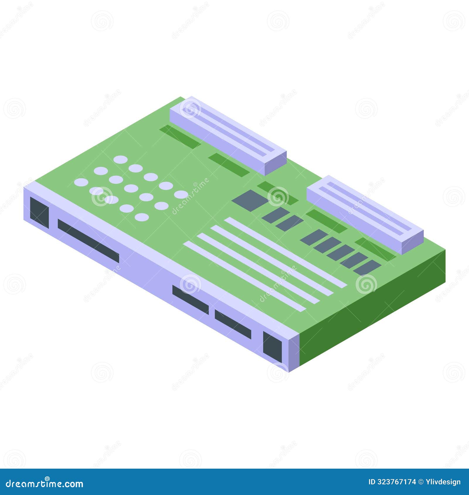 Green Motherboard Lying on White Background, Microchips and Slots ...