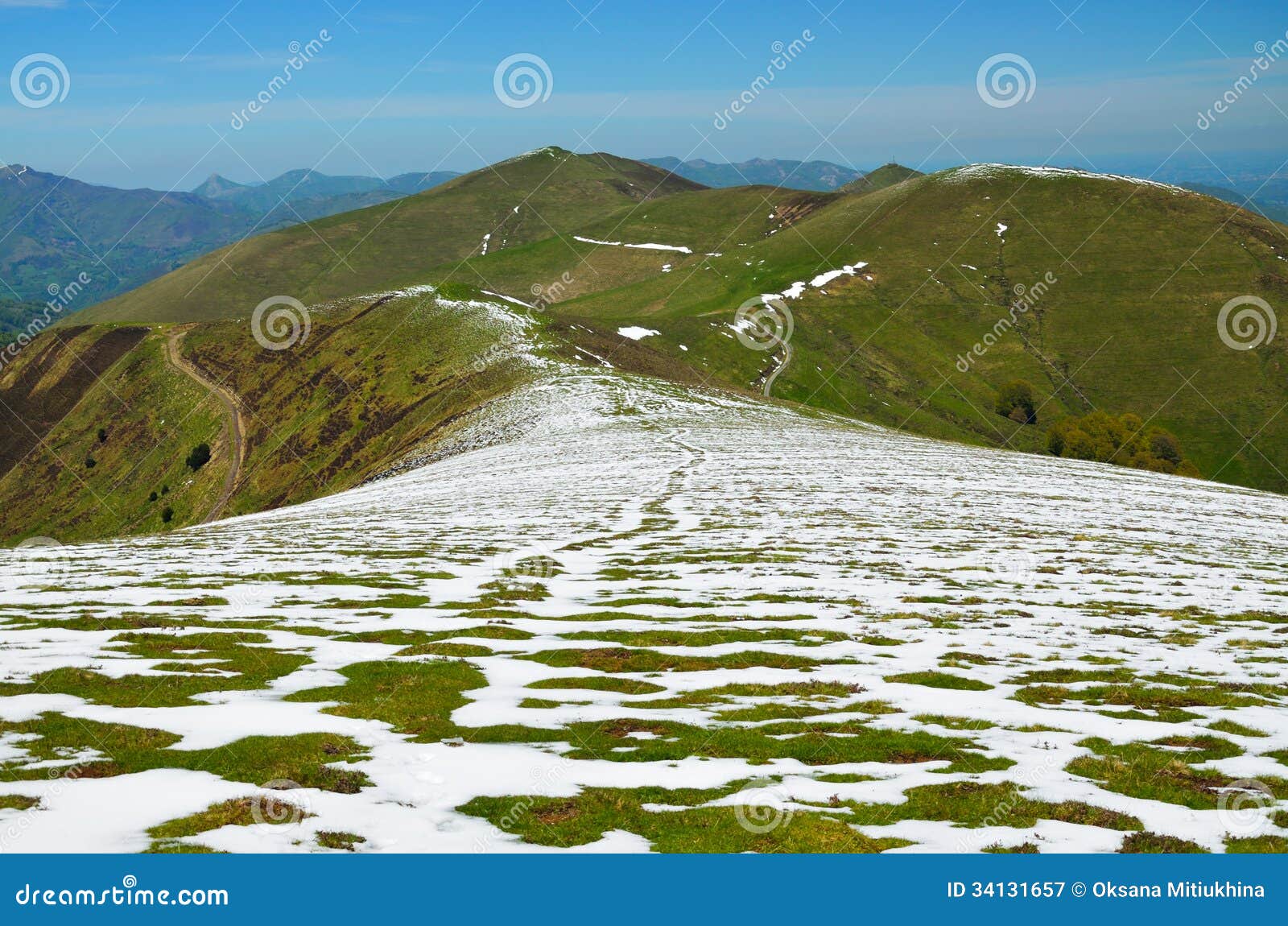 Green Mountain Ridge with Snowfields of the Spring Pyrenees Stock Image ...