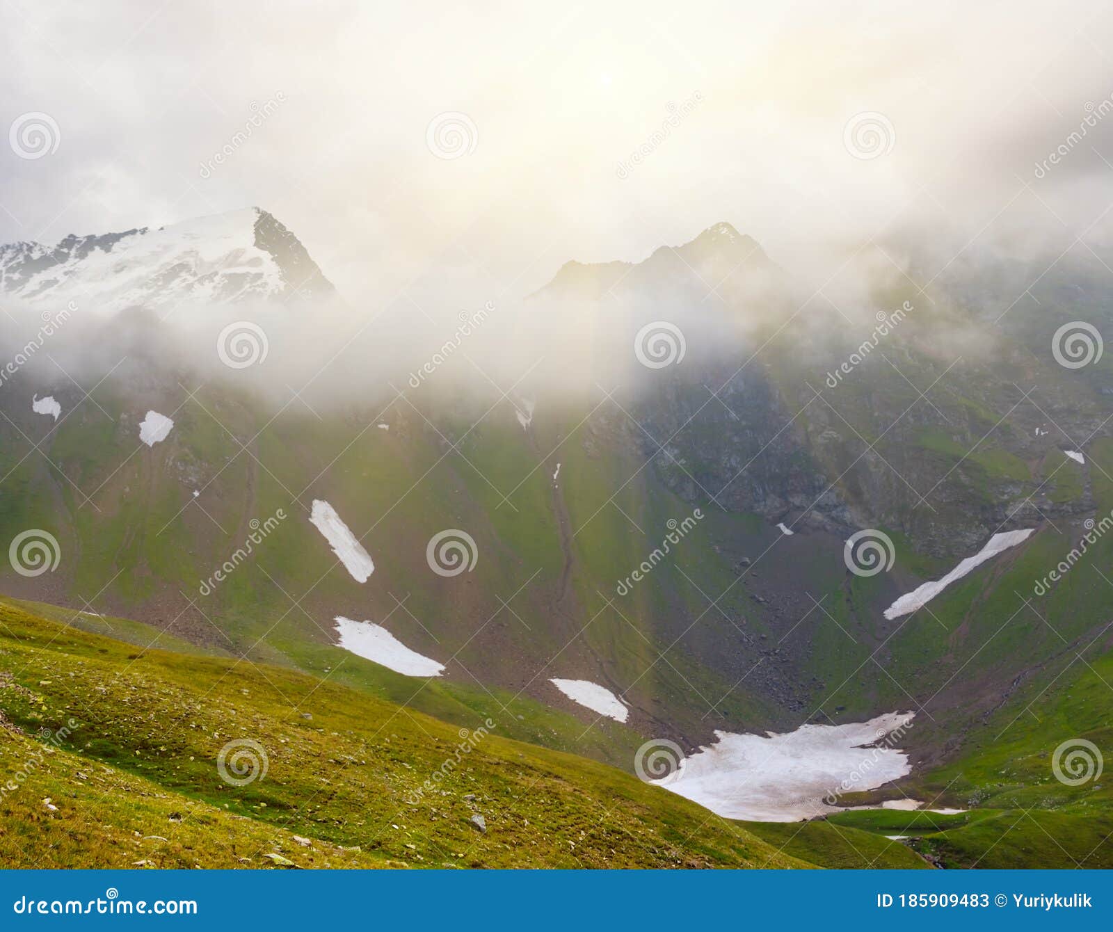 Green Mountain Valley in a Mist with Sun Rays Stock Image - Image of ...
