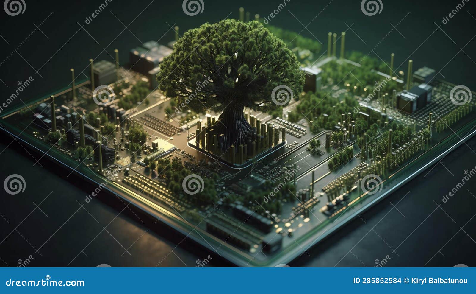 Green Natural Eco-friendly Tree and Computer on an Abstract High-tech ...