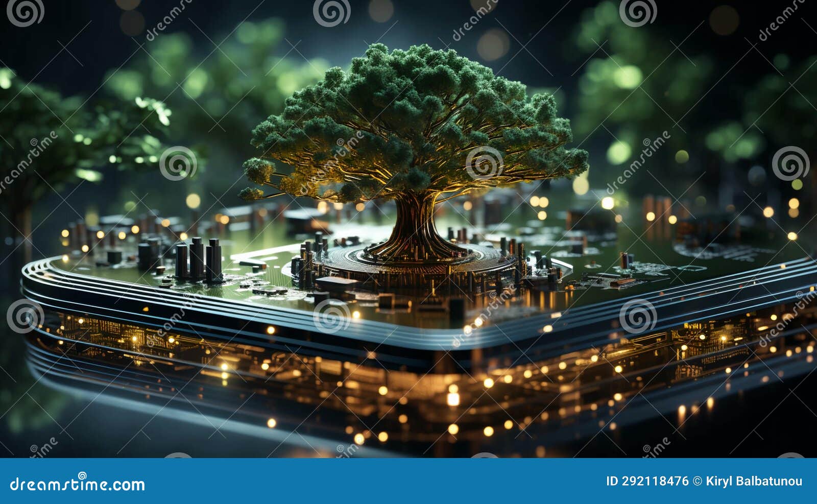 Green Natural Eco-friendly Tree and Computer Technology on an Abstract ...