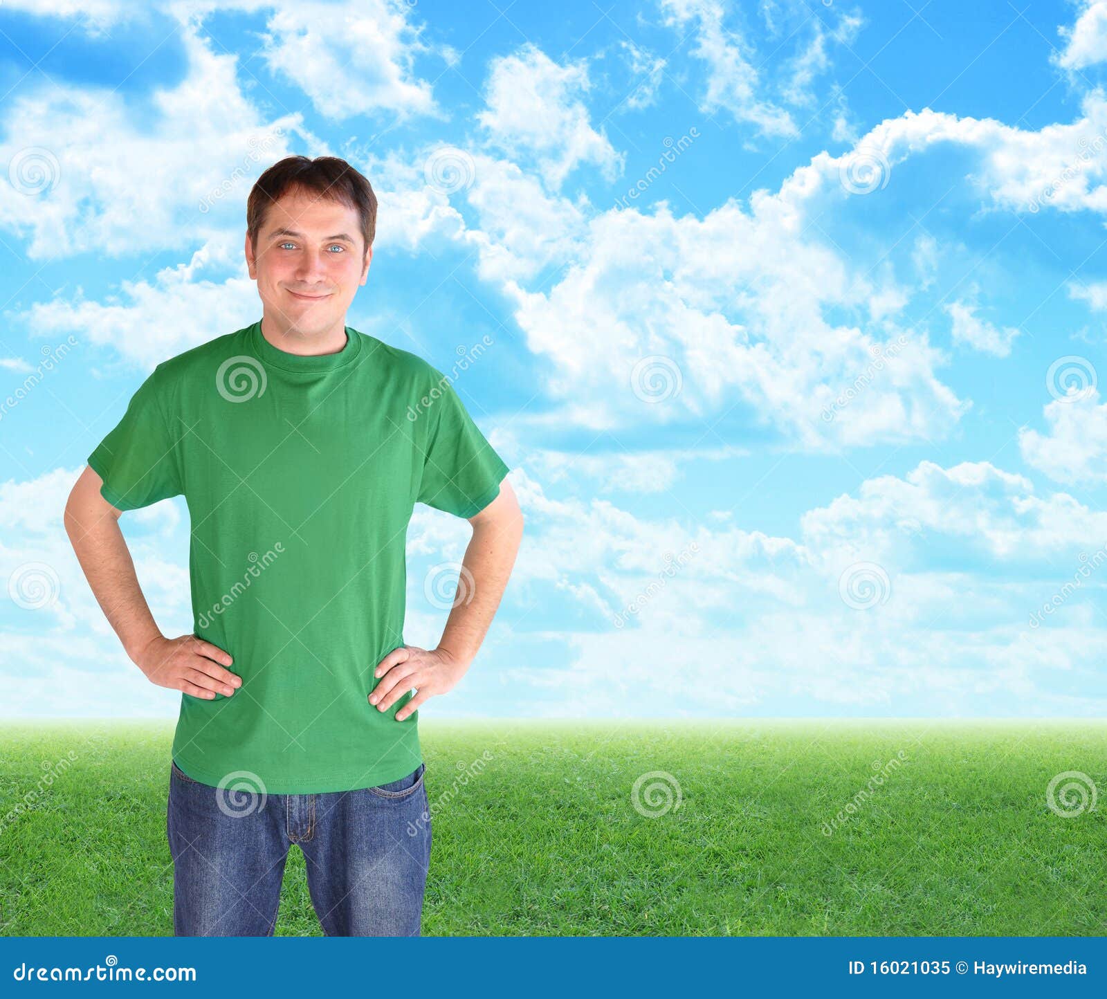 Green Nature Man Standing in Clouds and Grass Stock Image - Image of ...