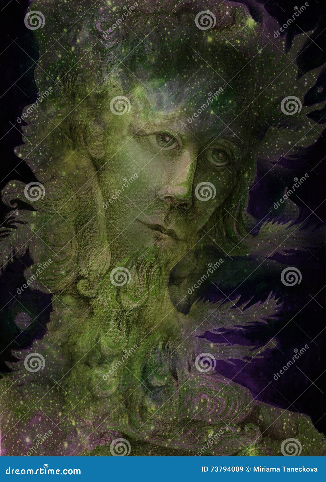 Green Nature Spirit - the Wind Prophet with Feathers, Drawing Stock ...