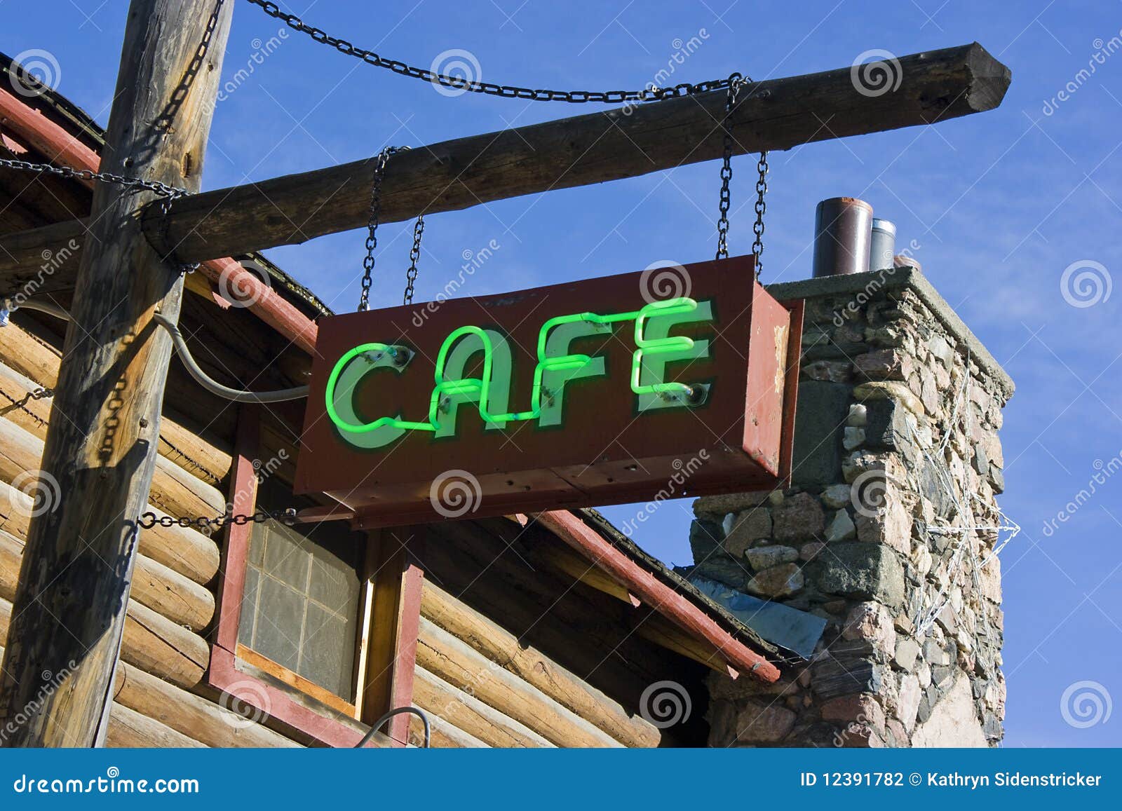 Green Neon Cafe Sign on Post Stock Photo - Image of daytime, historic ...