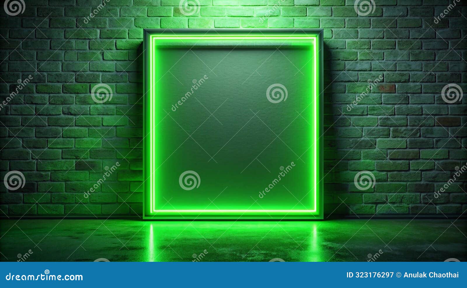 Green Neon Light Box with Black Empty Blank Space for Mockup Rectangle ...