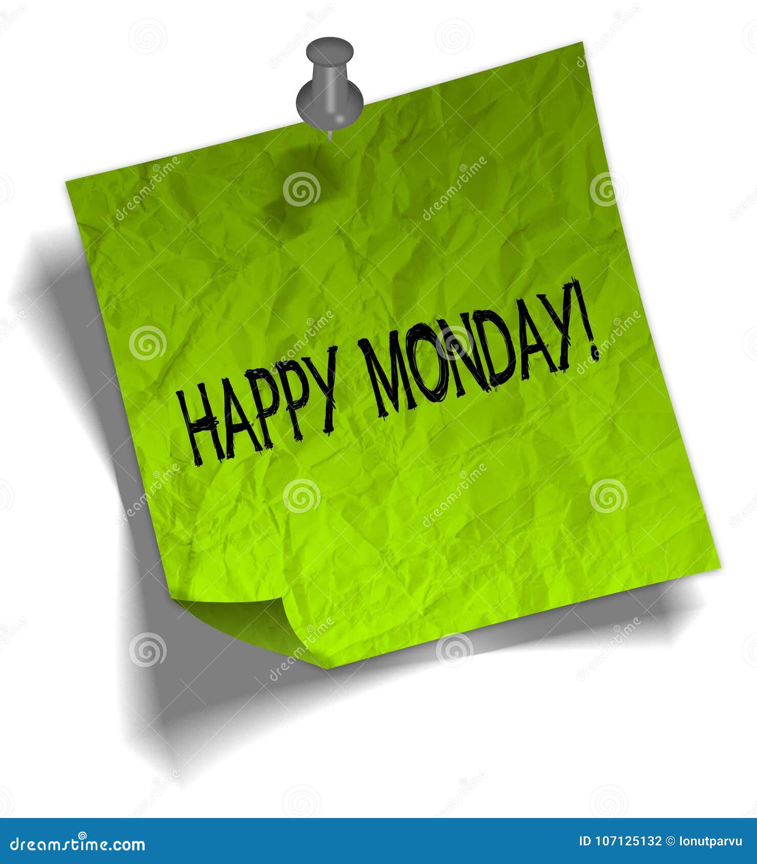 Green Note Paper with HAPPY MONDAY Message and Push Pin Illustration ...