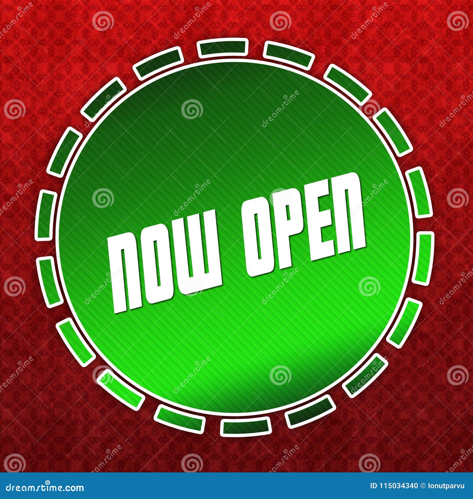 Green NOW OPEN Badge on Red Pattern Background. Stock Illustration ...